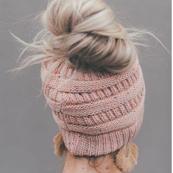 C.C | Accessories | Restocked Pink Messy Bun Confetti Beanie | Poshmark